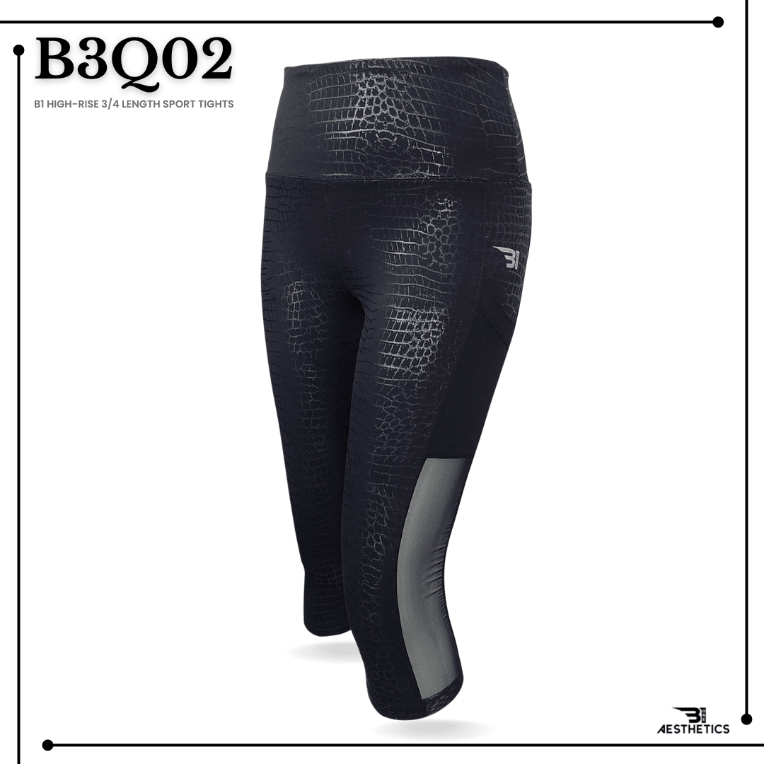 SHINY BLACK PATTERNED HIGH-RISE 3/4 LENGTH SPORT TIGHTS